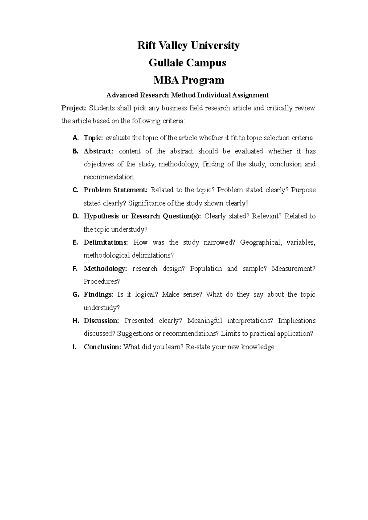 Research Individual assignment - Rift Valley University Gullale Campus ...