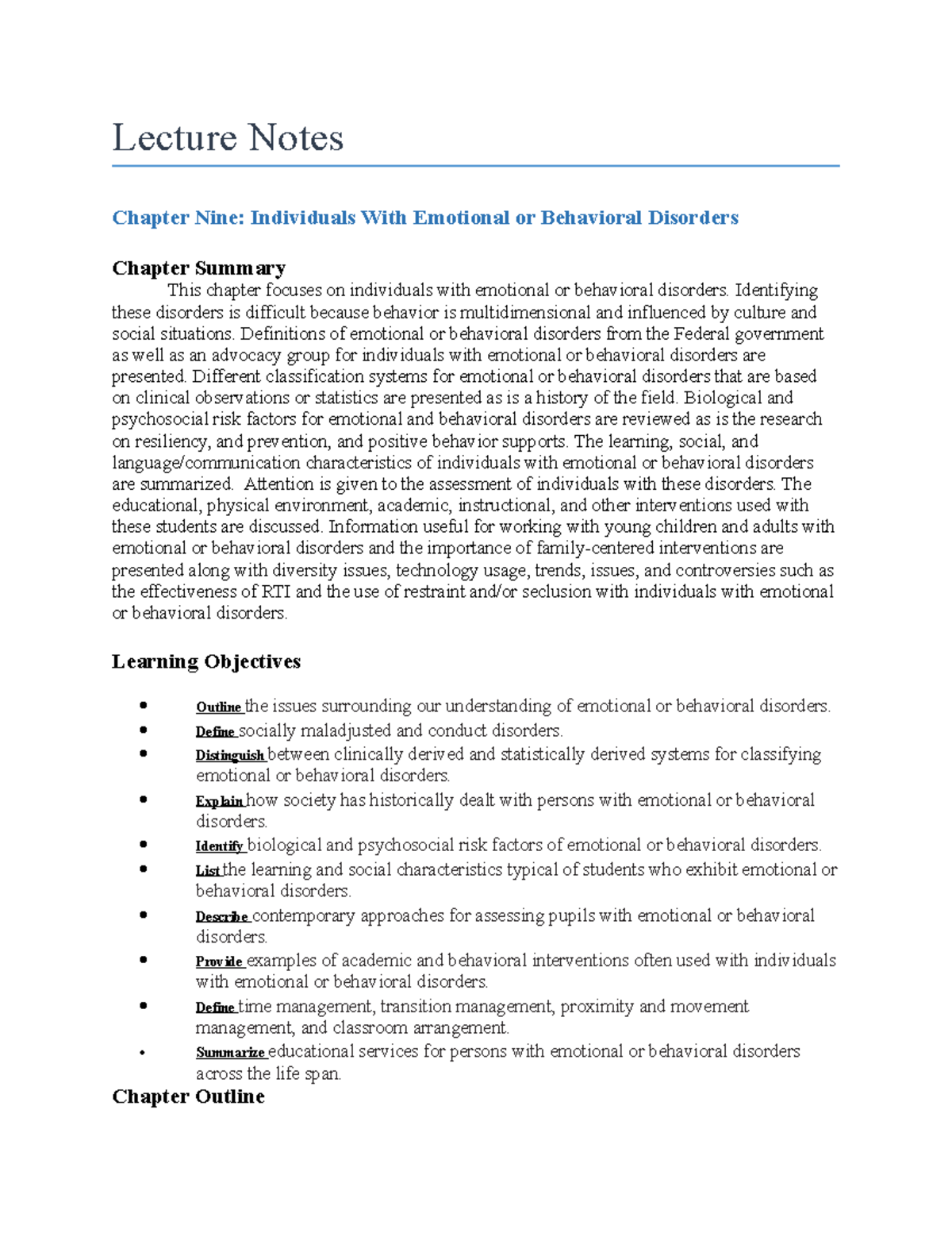 Lecture Notes chapter 9 emo beh - Lecture Notes Chapter Nine ...