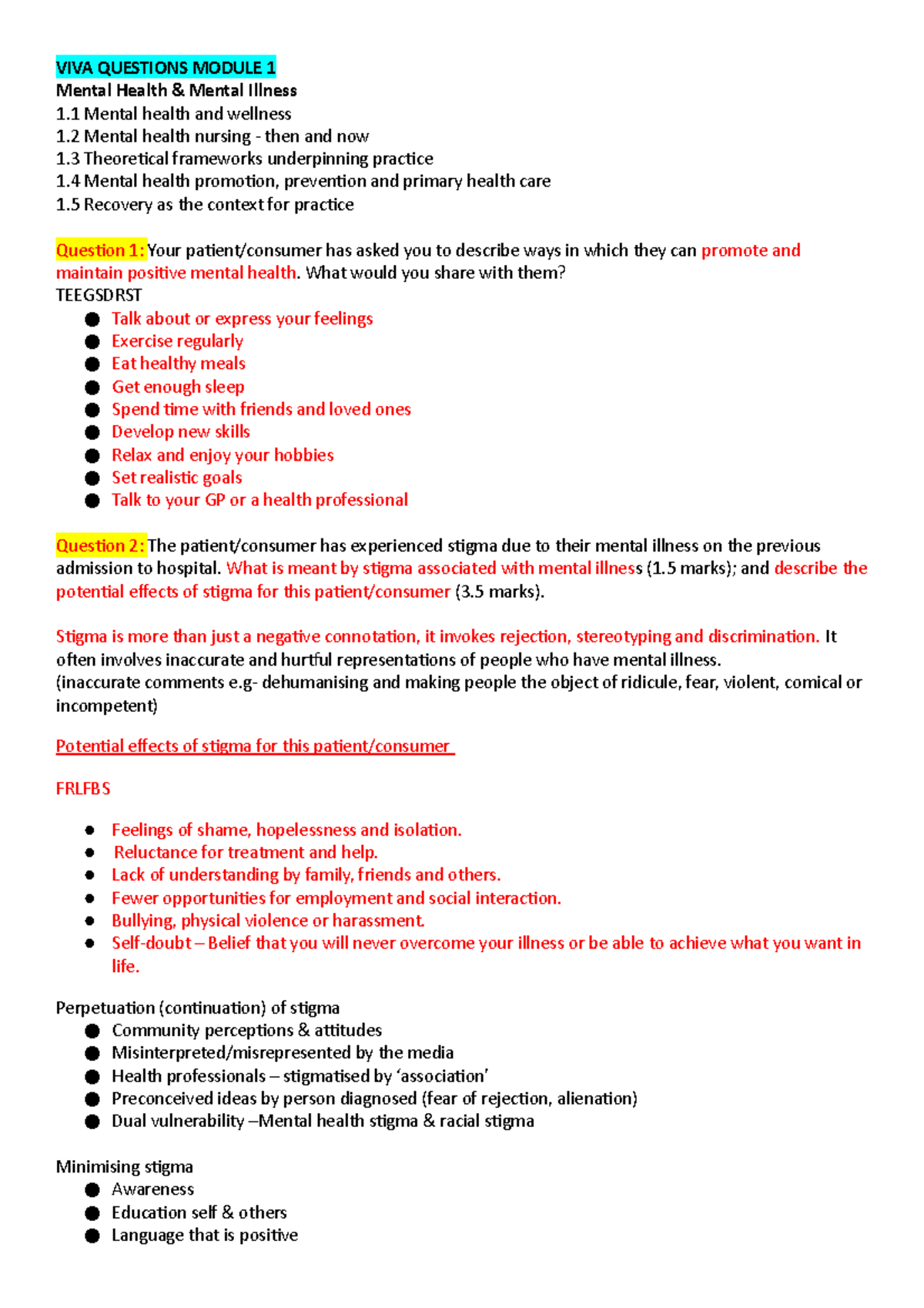 VIVA- Questions- Module-1-9-4 - VIVA QUESTIONS MODULE 1 Mental Health ...