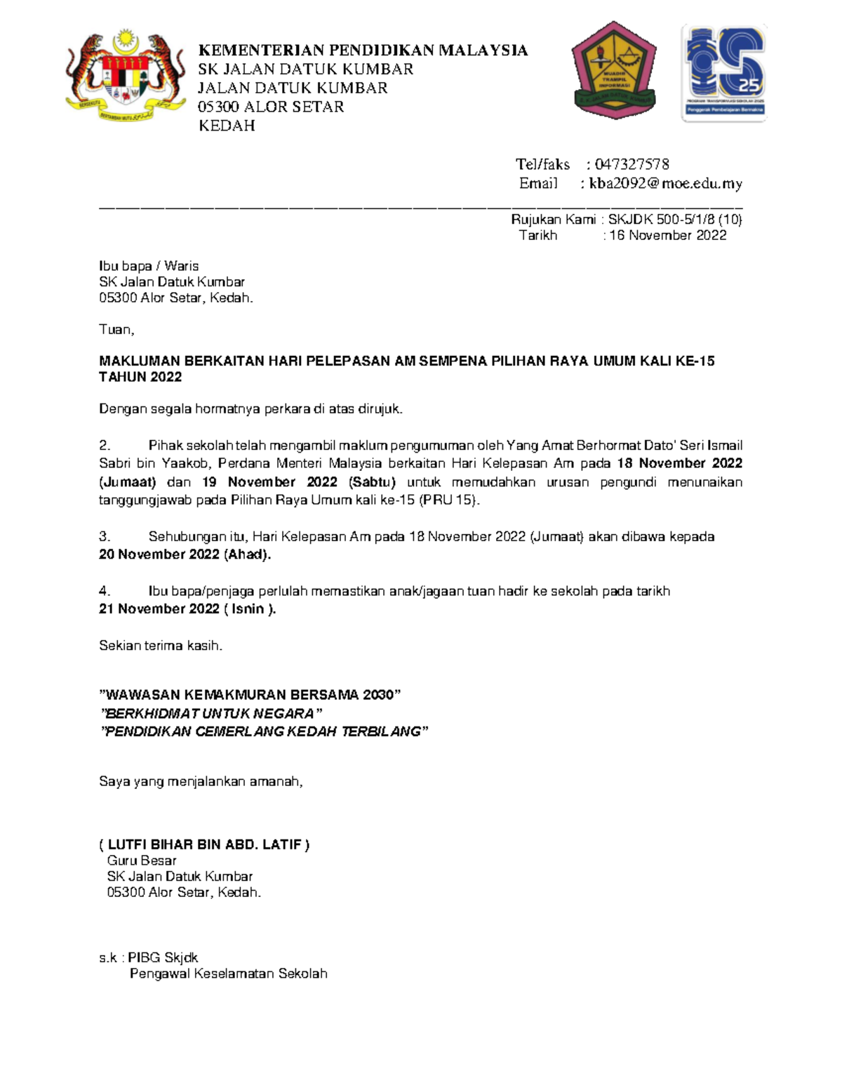 Surat CUTI HARI Kelepasan AM Pilihan RAYA - KEMENTERIAN PENDIDIKAN ...