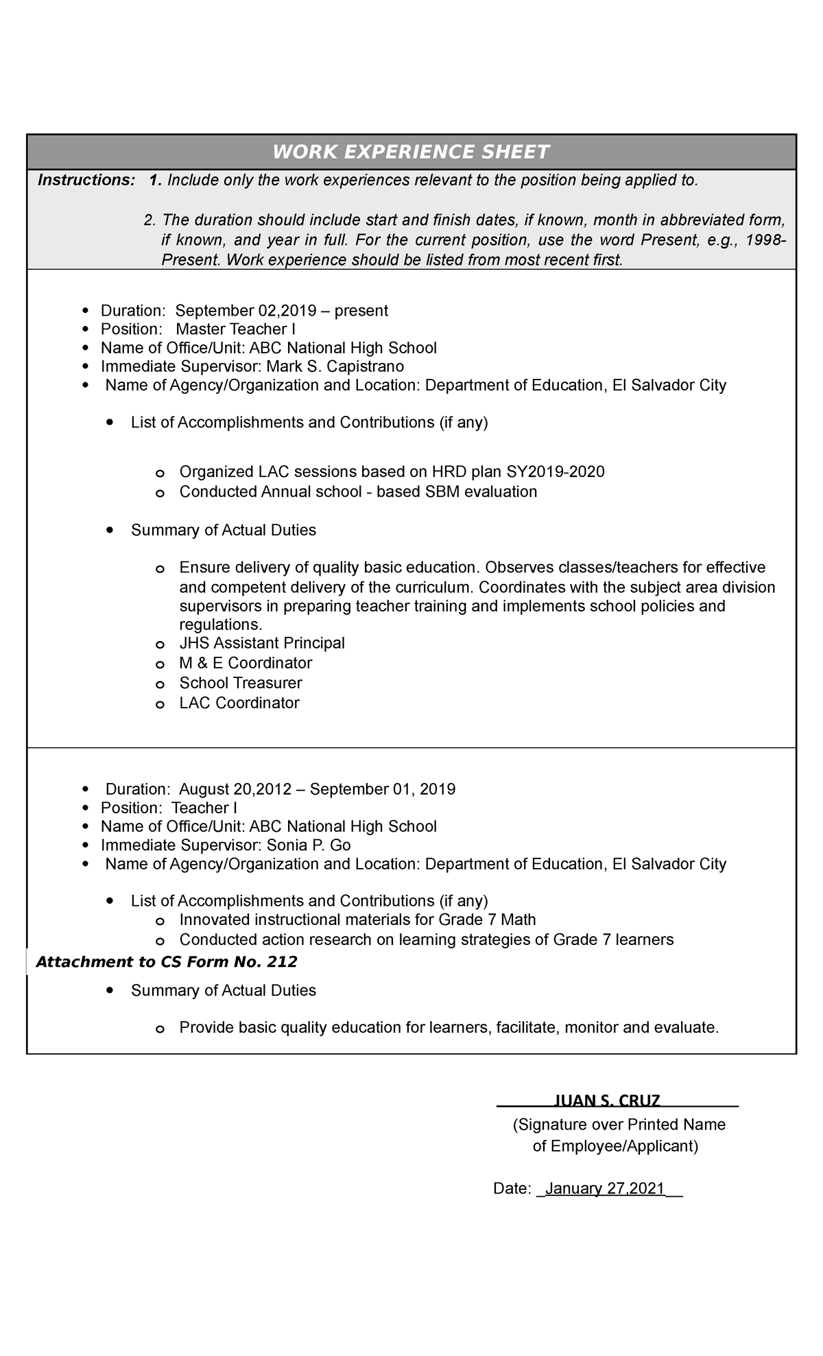 CS-Form-No - Cs form - WORK EXPERIENCE SHEET Instructions: 1. Include ...