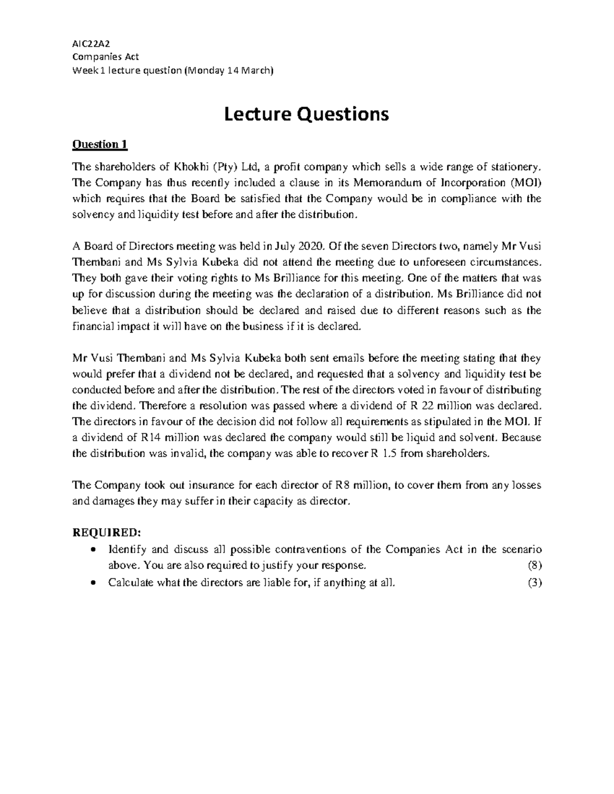 AIC22A2 Companies Act Week 1 Lecture Question and Solution Monday 14 March - AIC22A Companies ...