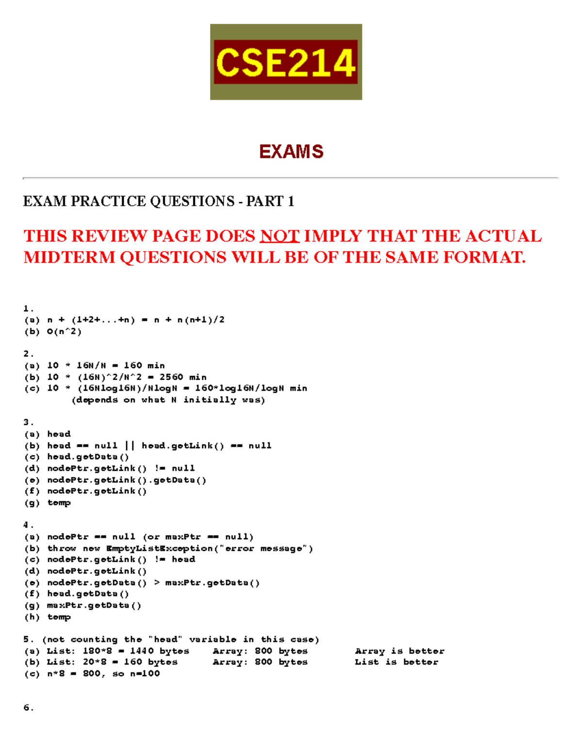 CSE 214 Exam Practice Material Answer Keys - EXAMS EXAM PRACTICE QUESTIONS - PART 1 THIS REVIEW ...