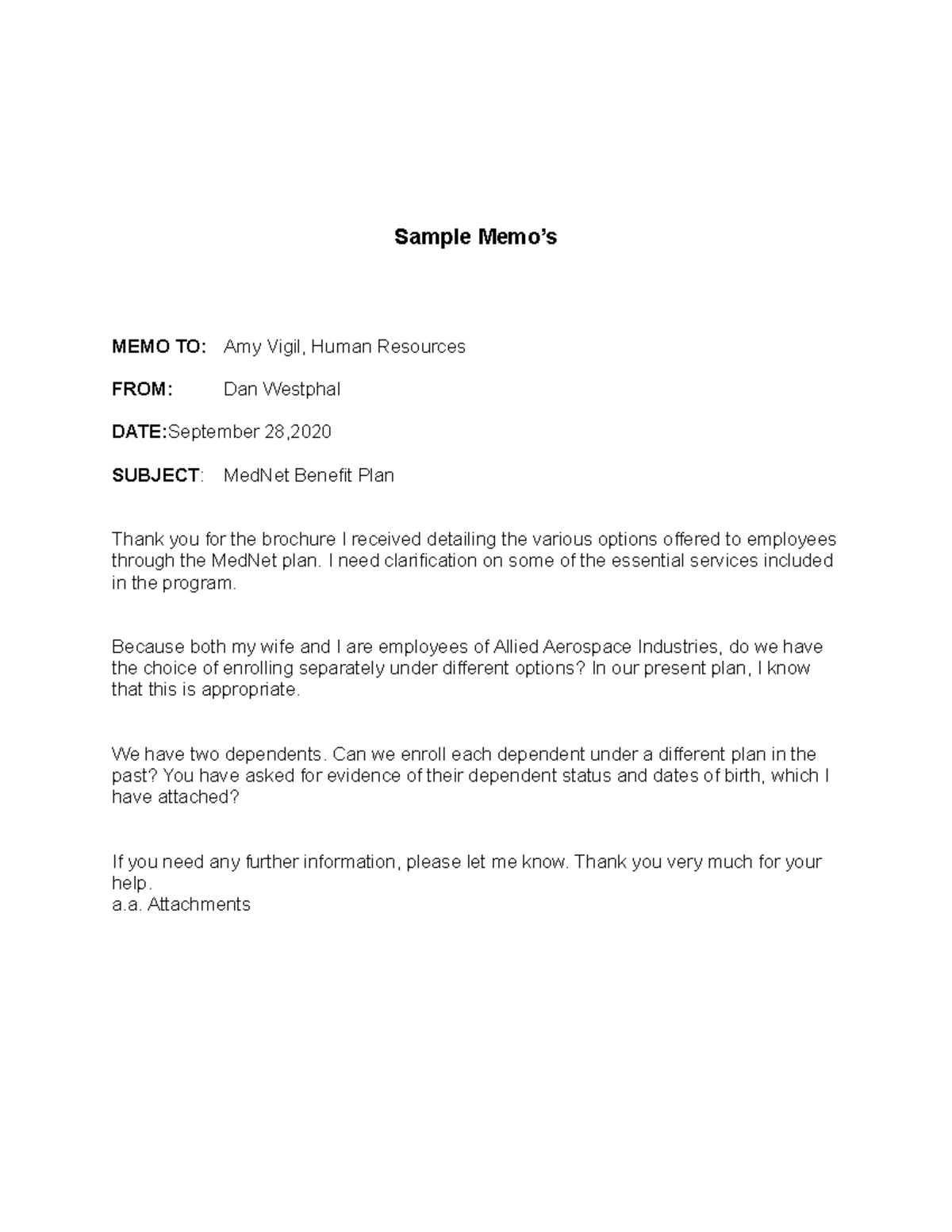 Sample Memorandum - Mednet benefit Plan - Sample Memo’s MEMO TO: Amy ...
