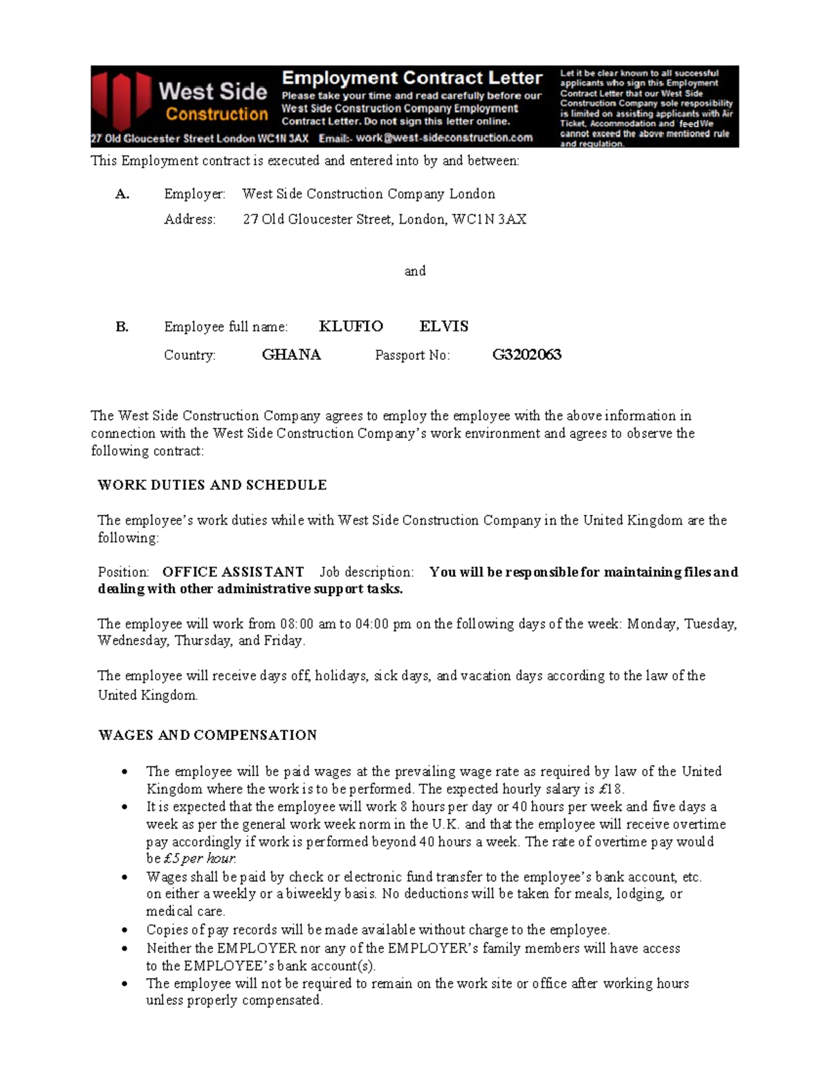 WEST SIDE Employment Contract Letter - This Employment contract is ...