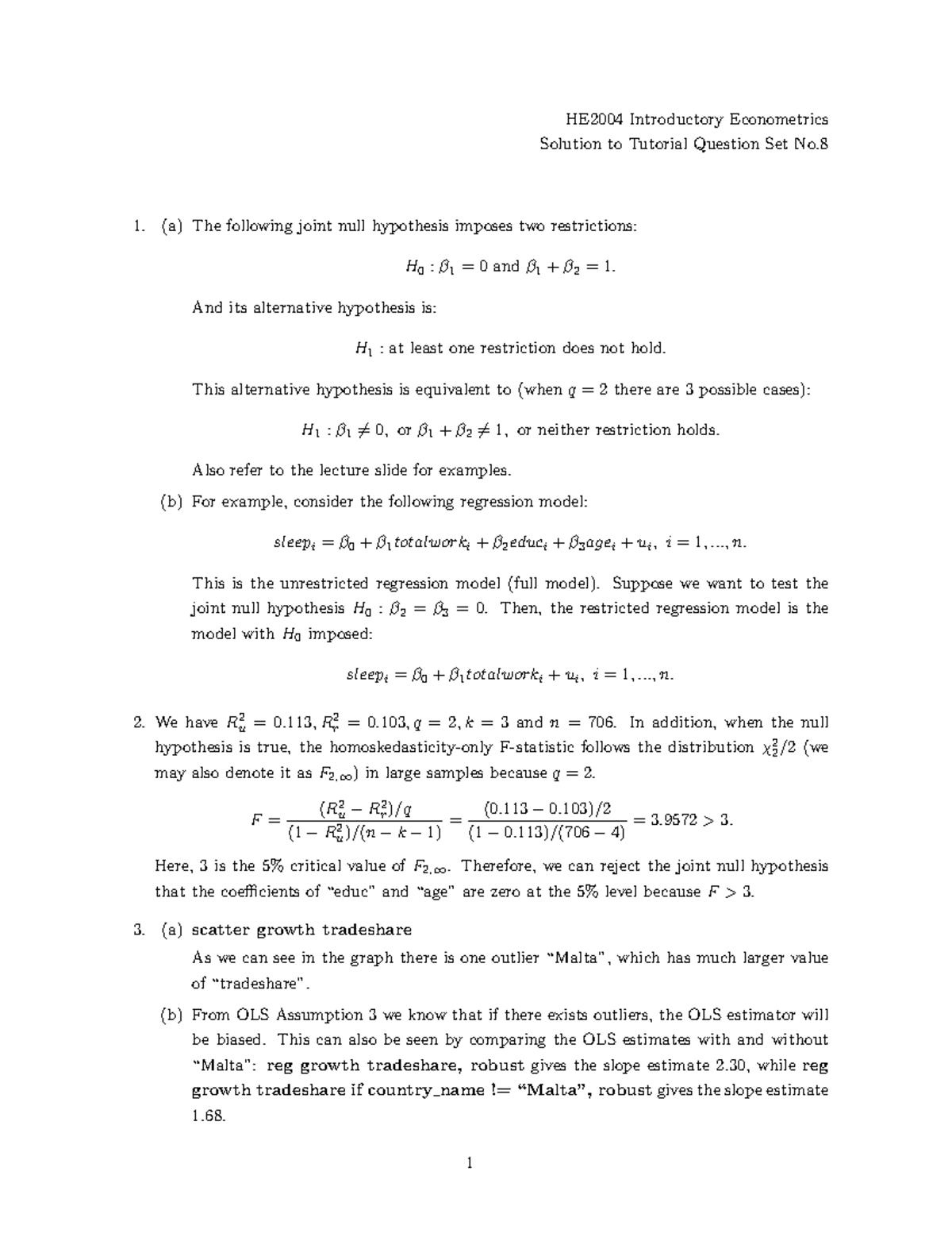 Solution Q8 - HE2004 Introductory Econometrics Solution to Tutorial Question Set No. (a) The ...