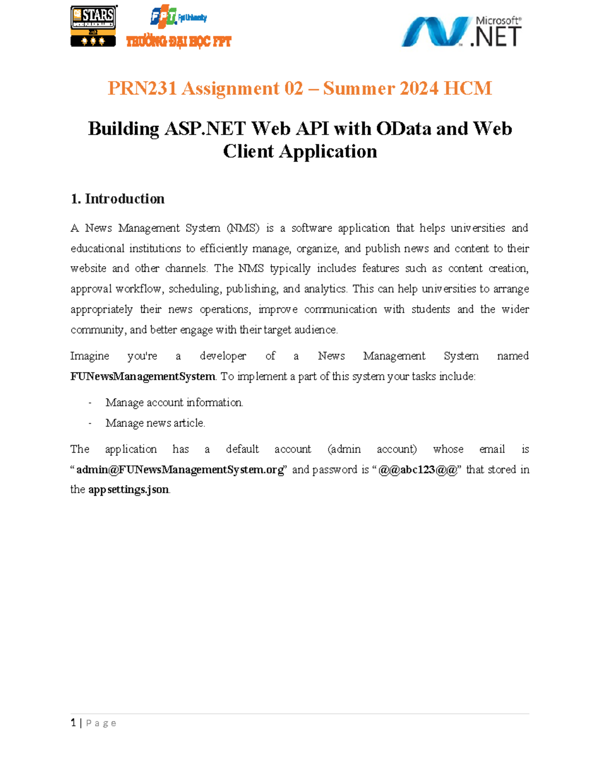 PRN231 Assignment 02 Summer 2024 - PRN231 Assignment 02 – Summer 2024 HCM Building ASP Web API ...