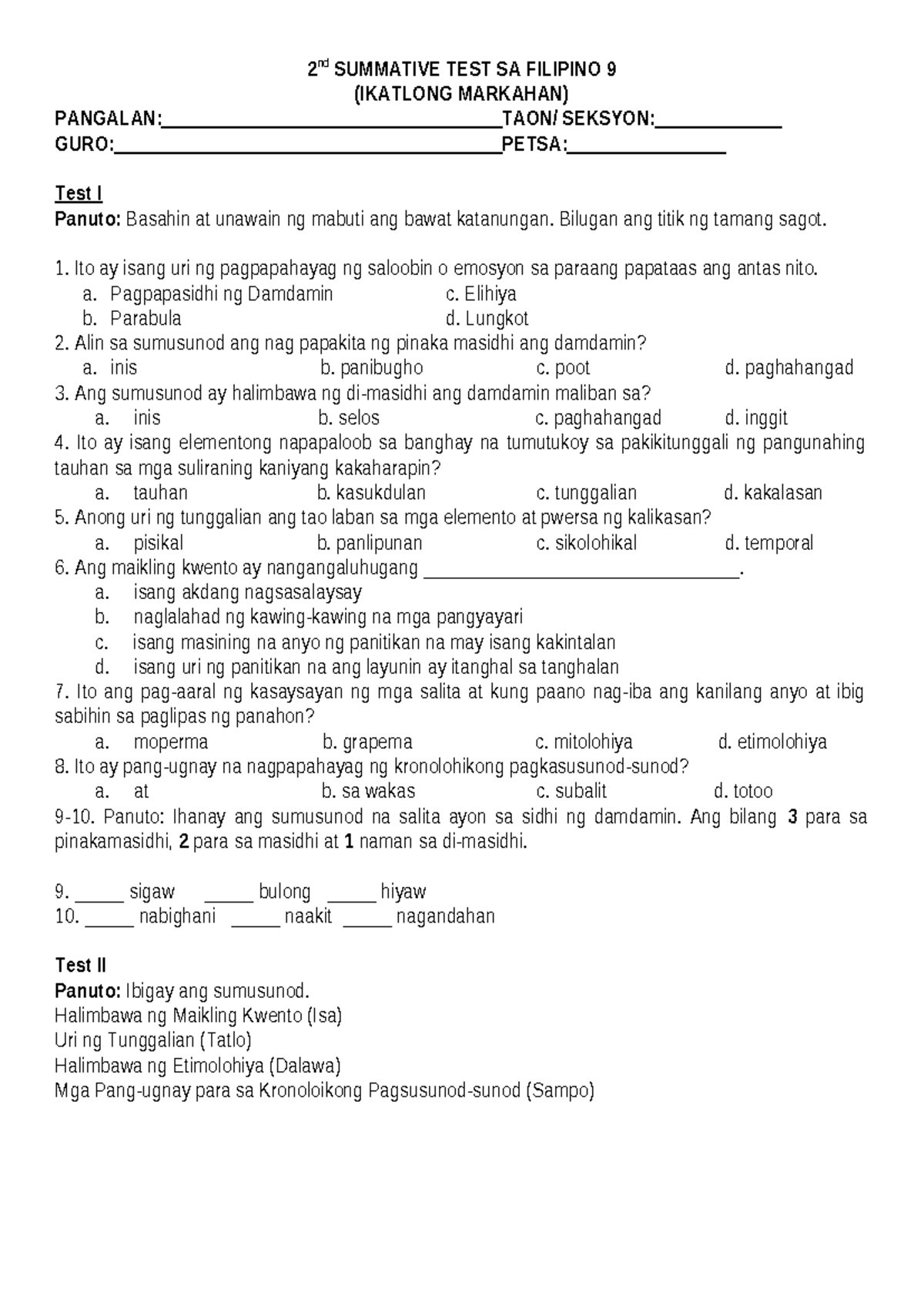 2nd Summative TEST SA Filipino 9 - 2 nd SUMMATIVE TEST SA FILIPINO 9 ...