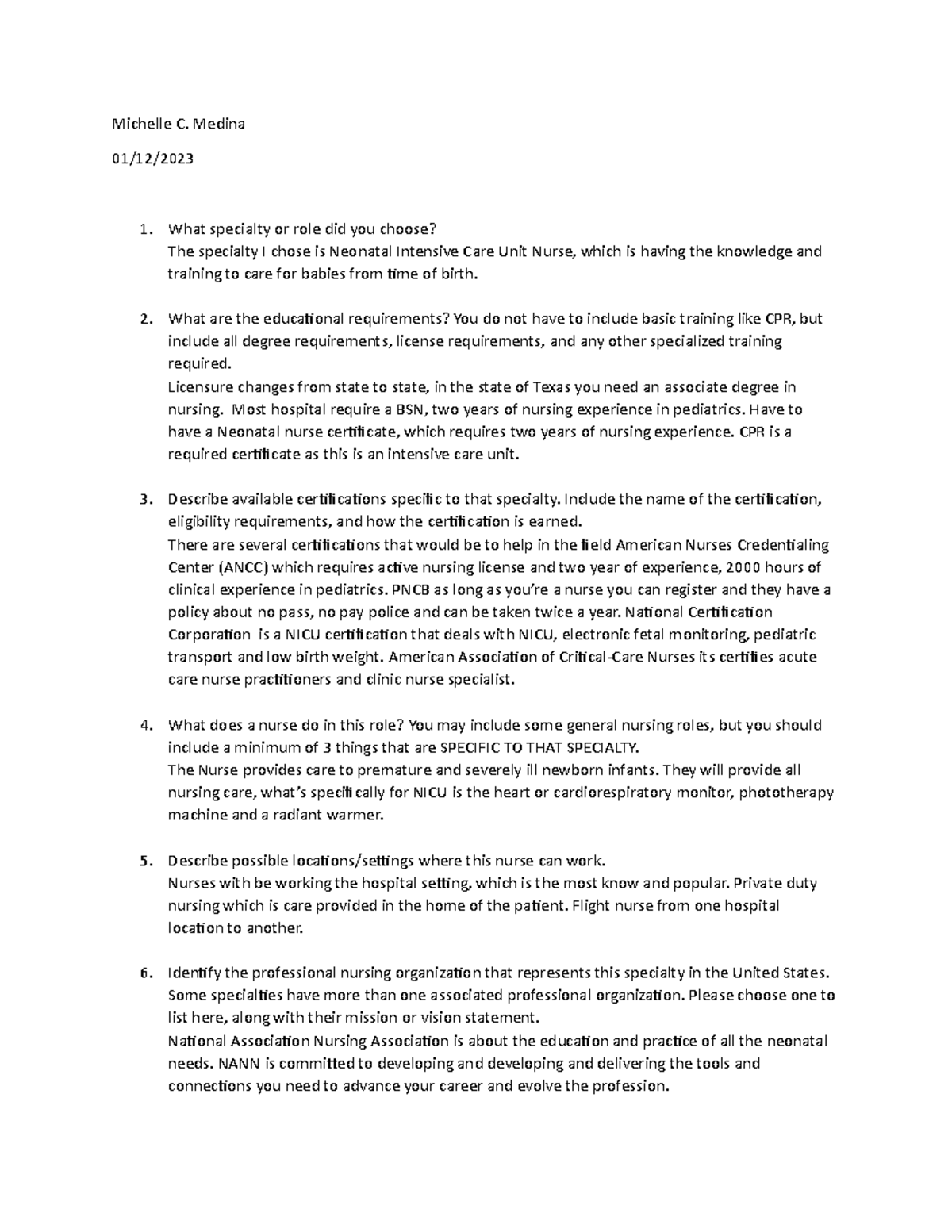 Exploring Nursing Assignment - Michelle C. Medina 01/12/ What specialty or role did you choose ...