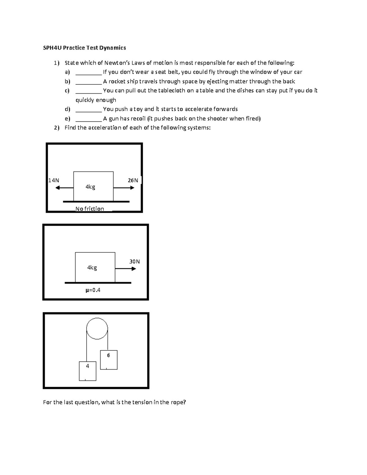 Practise Test - Forces (with ANS) - SPH4U Practice Test Dynamics 1 ...