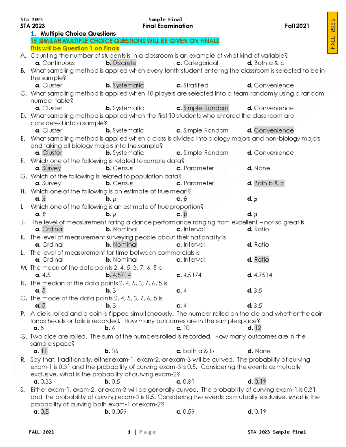 Fall 2021 STA 2023 Sample Final Mudunuru - FALL 2021 STA 2023 Final ...