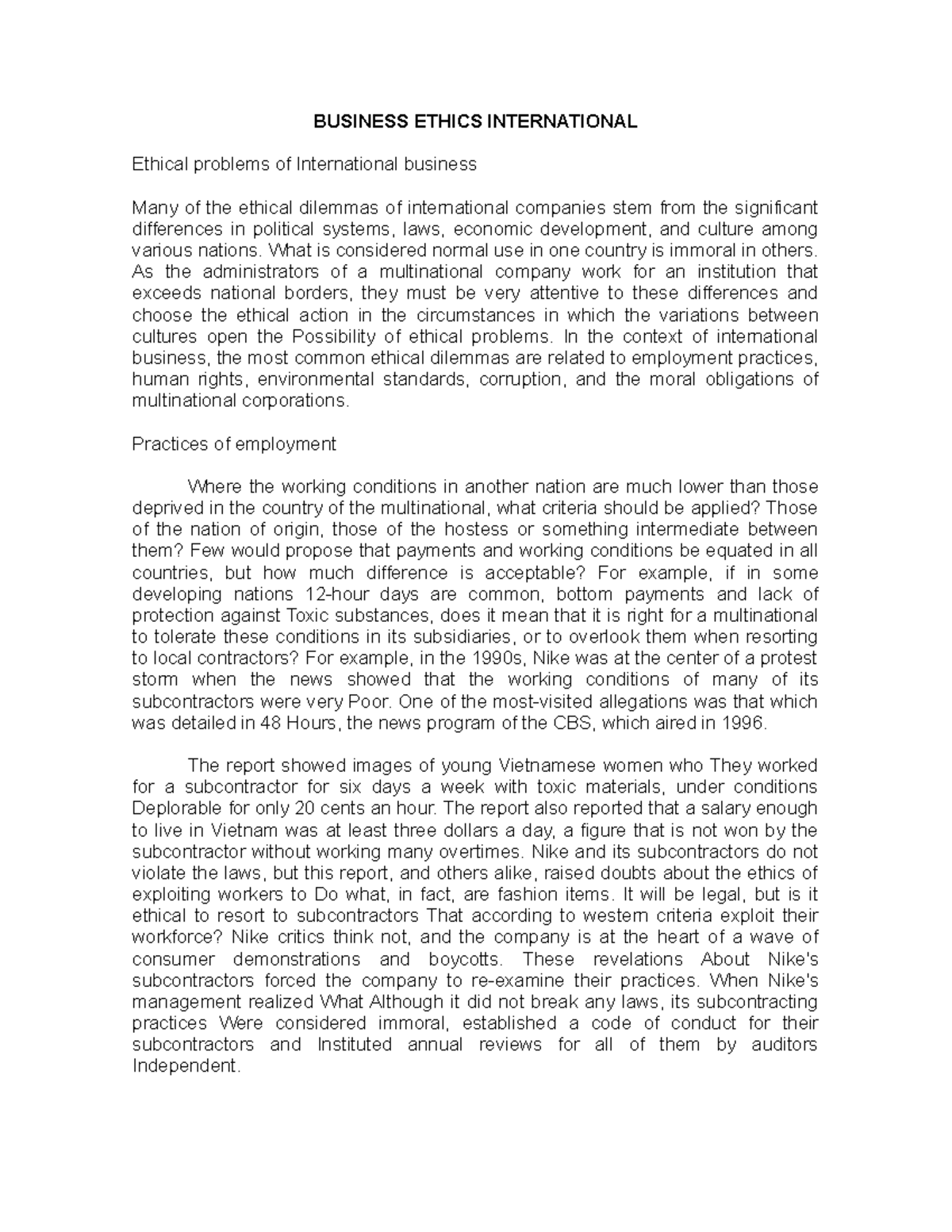 INTERNATIONAL BUSINESS ETHICS - BUSINESS ETHICS INTERNATIONAL Ethical ...