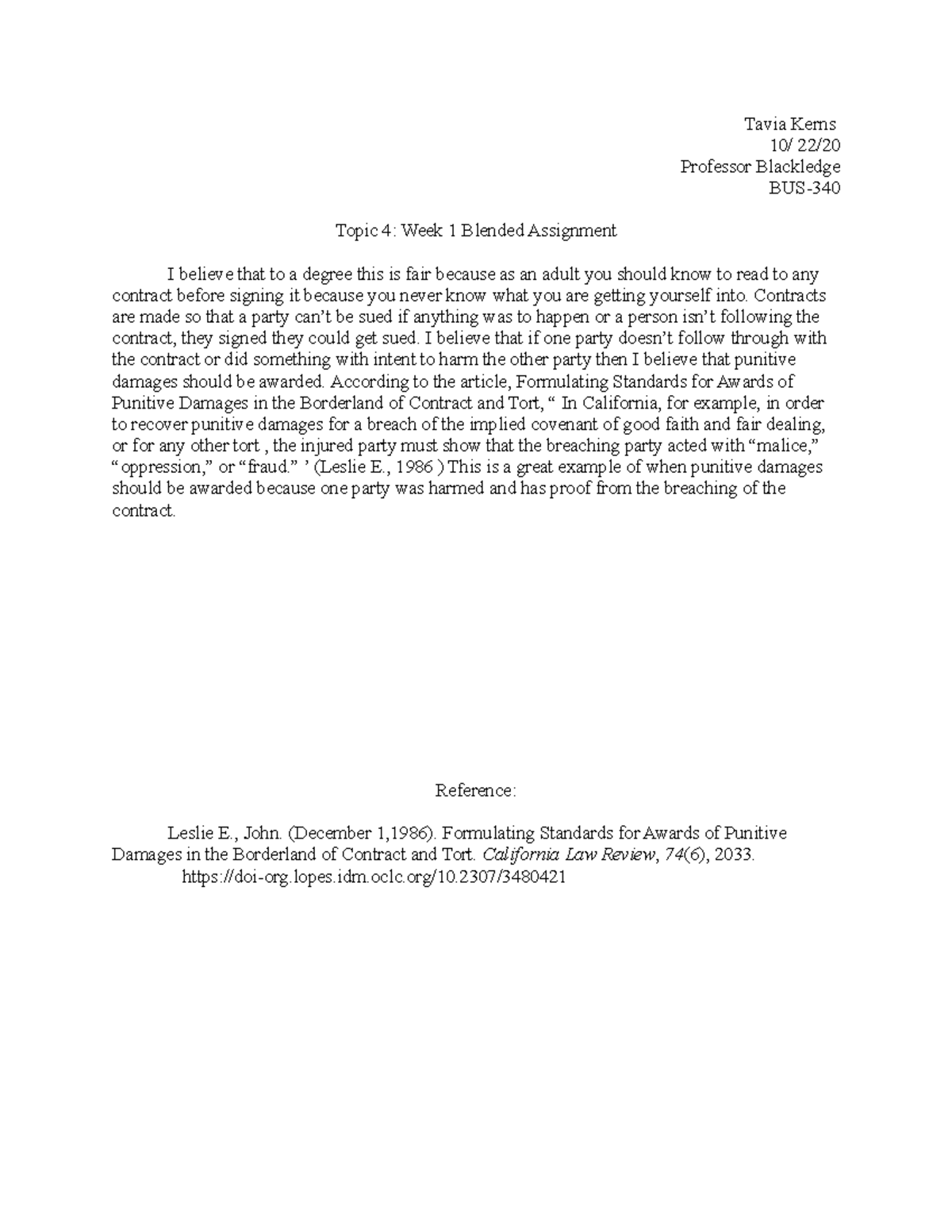 Topic 4- Week 1 Blended Assignment - Tavia Kerns 10/ 22/ Professor Blackledge BUS- Topic 4: Week ...