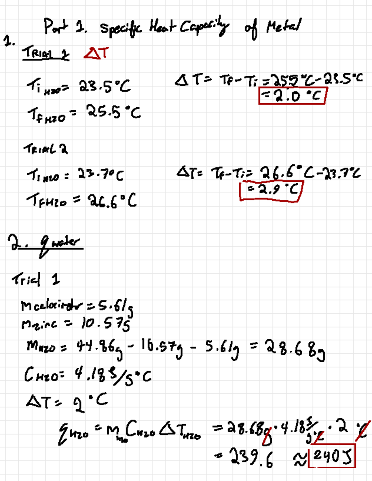 Lab 2 CHM1311 Calcs - Lab calculations - Part 1. Specific Heat Capacity ...