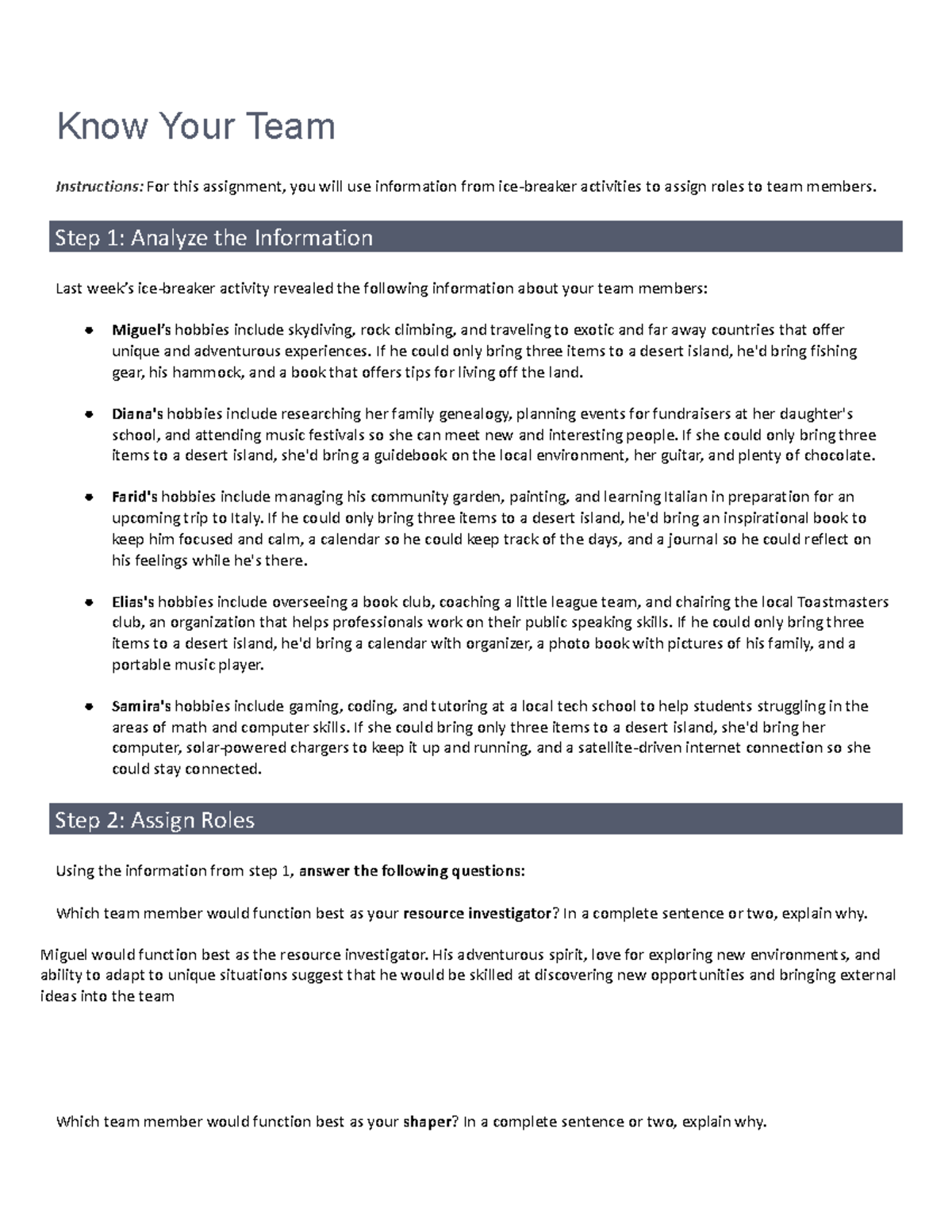 Know your team assignment - Know Your Team Instructions: For this ...