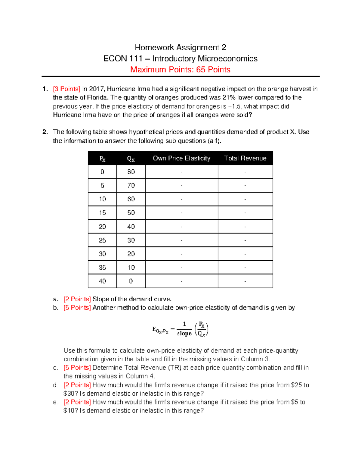 HW2 - homework 2 assignment - Homework Assignment 2 ECON 111 – Introductory Microeconomics ...