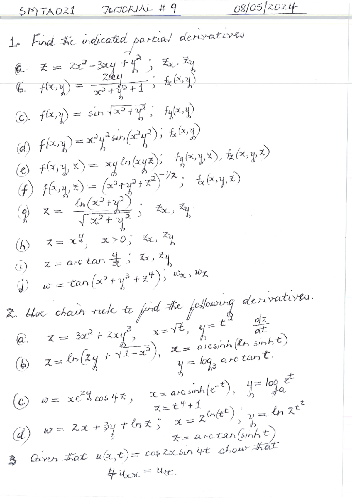 SMTA021 Tutorial 9 - SMTA021 JUJORIAL 9 1. Find the indicated partial derivatives a Z Zx ty b ...