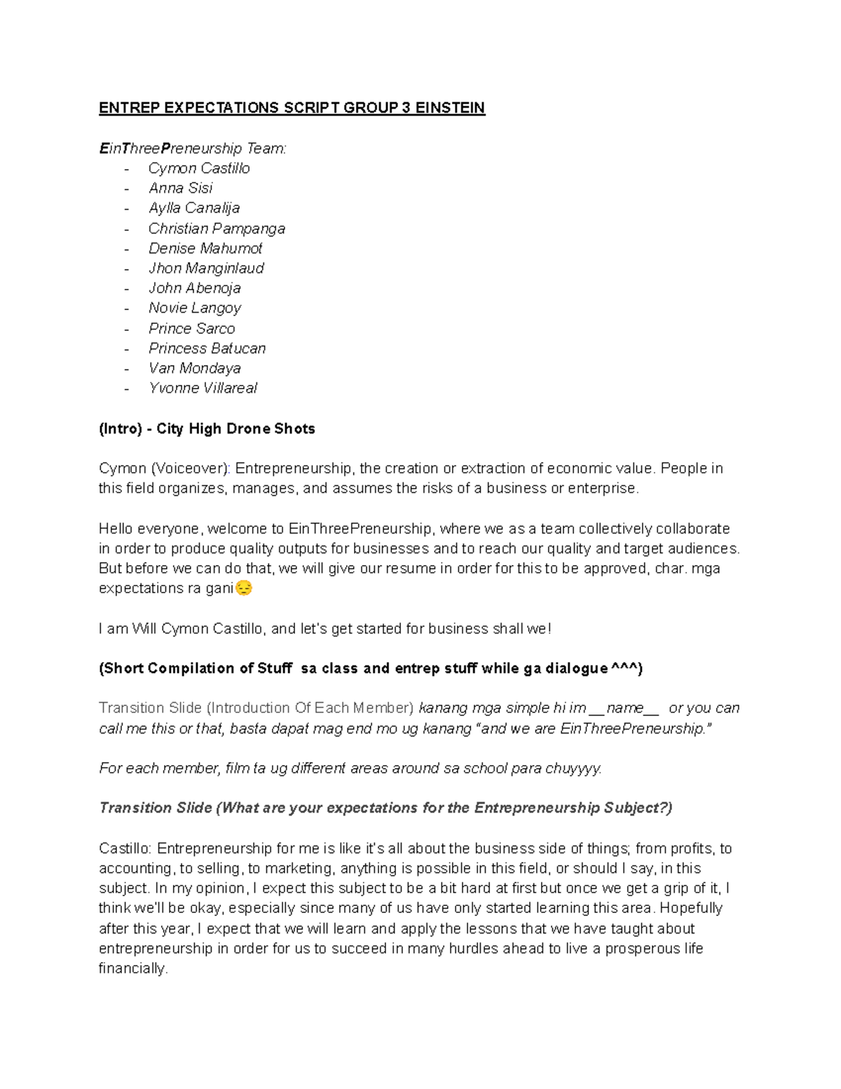 Entrep Expectations Script Group 3 Einstein - ENTREP EXPECTATIONS ...