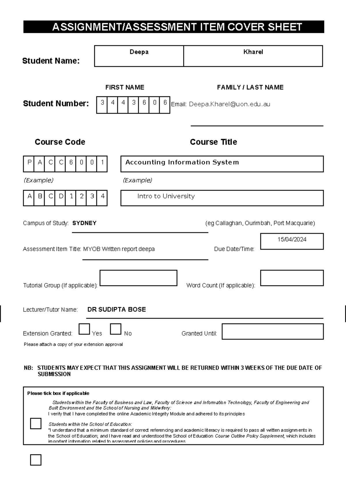 Myob written assignment - ASSIGNMENT/ASSESSMENT ITEM COVER SHEET ...