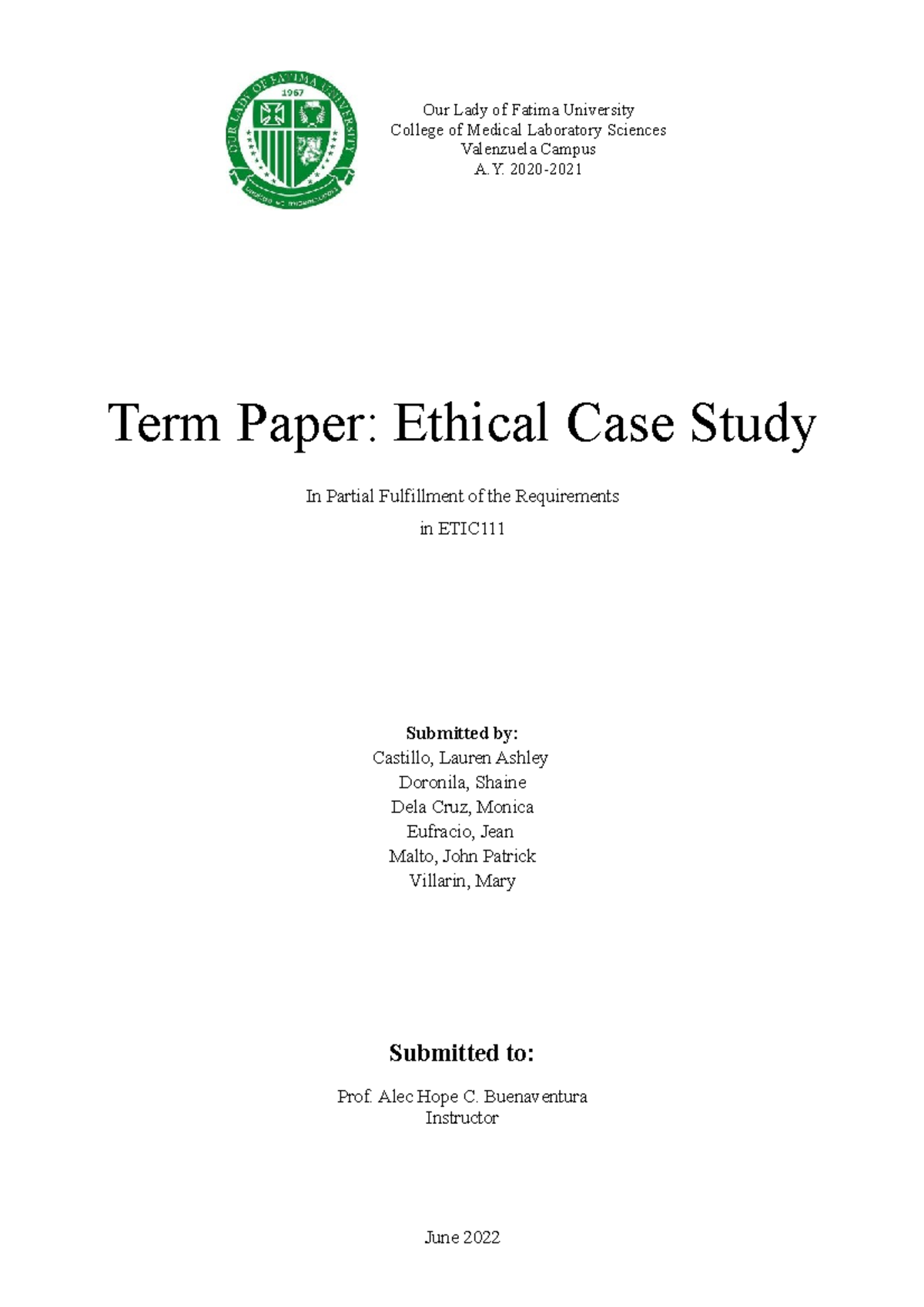 Ethics-TERM- Paper - essay - Our Lady of Fatima University College of ...