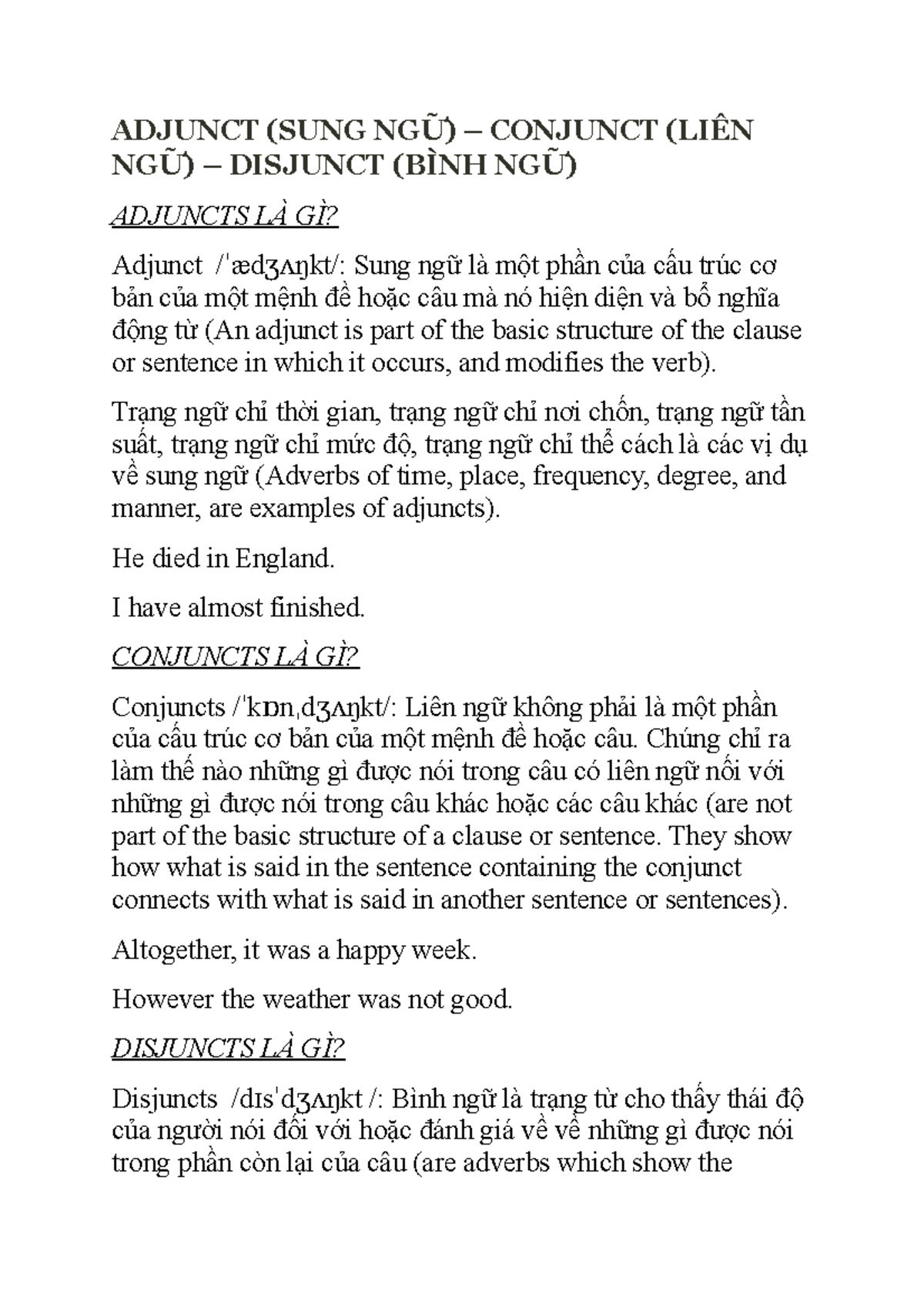 Adjunct - Lecture notes 1-10 - ADJUNCT (SUNG NGỮ) – CONJUNCT (LIÊN NGỮ ...