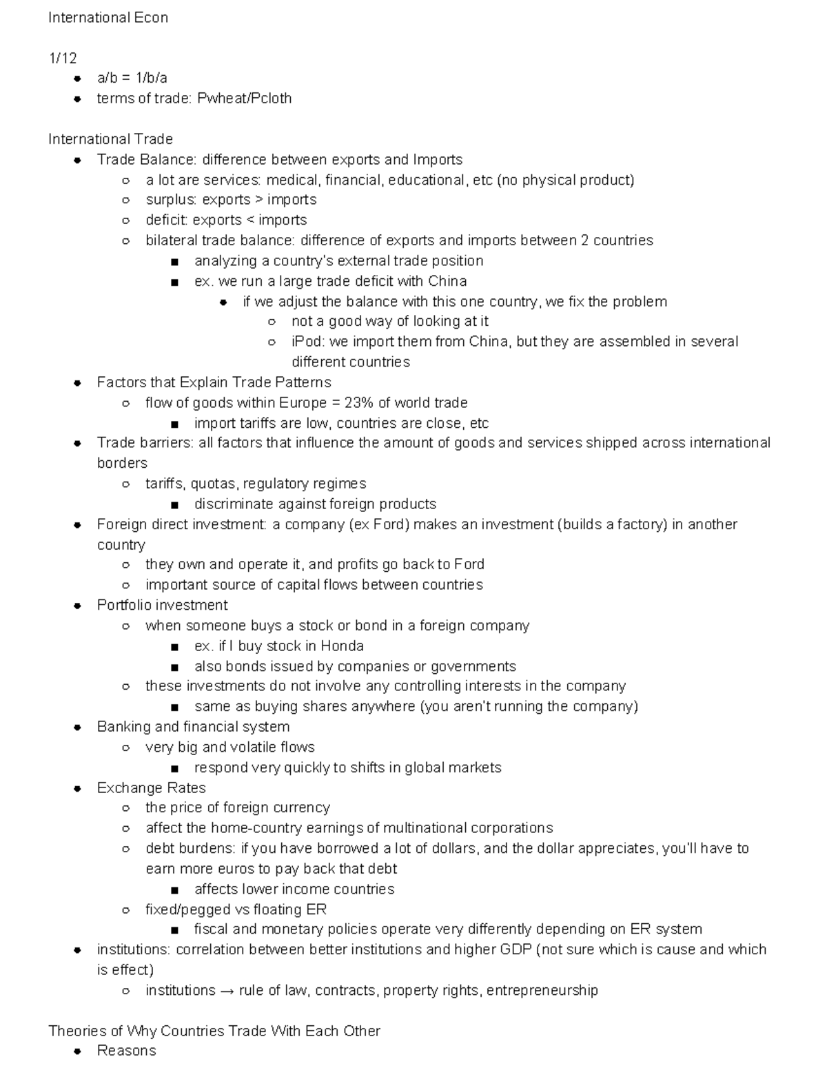 International Econ - Lecture notes - International Econ terms of trade ...