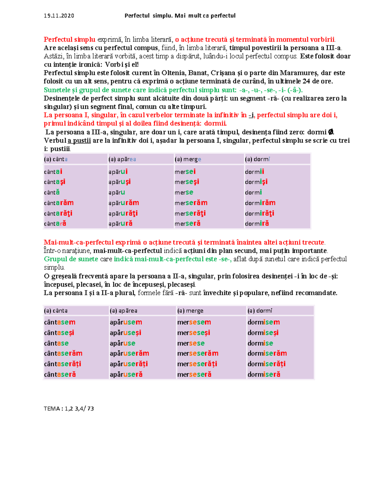 Scribd - 19.11 Perfectul simplu. Mai mult ca perfectul Perfectul simplu exprimă, în limba ...