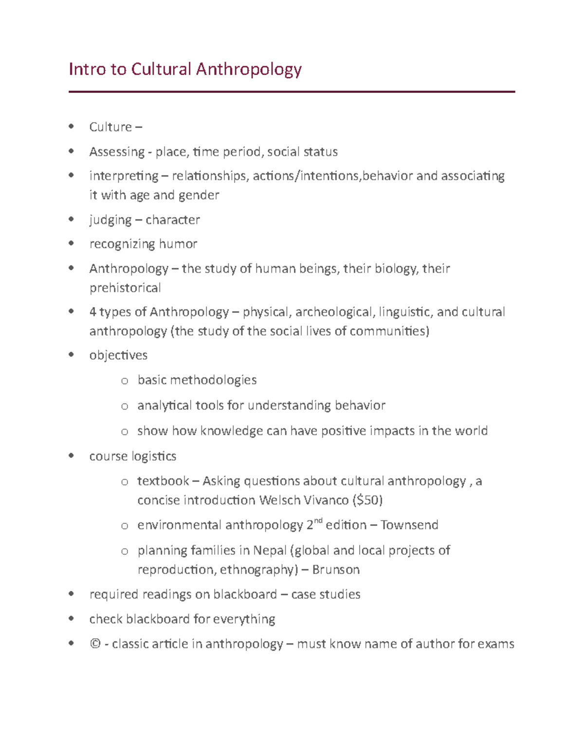 unit 1 lecture 1 - Intro to Cultural Anthropology Culture Assessing ...