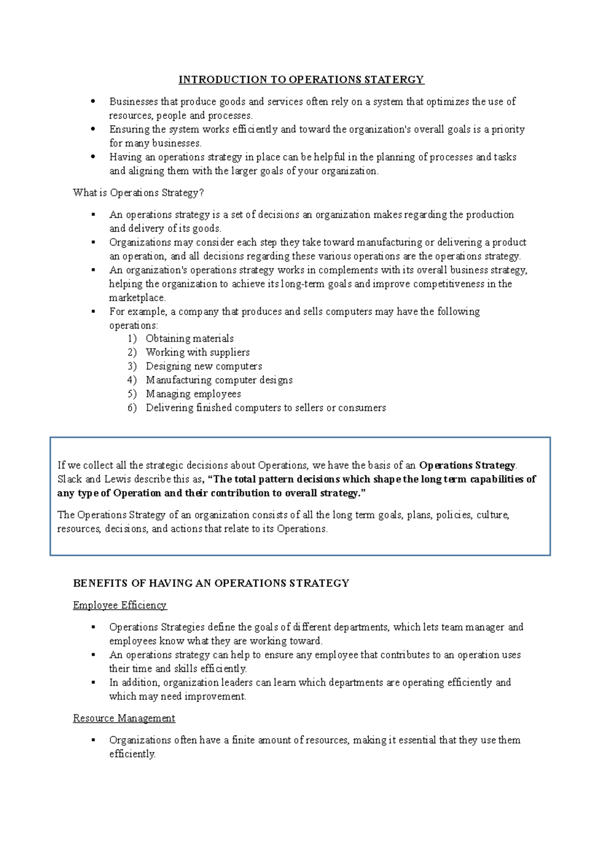Introduction TO Operations Statergy - INTRODUCTION TO OPERATIONS ...