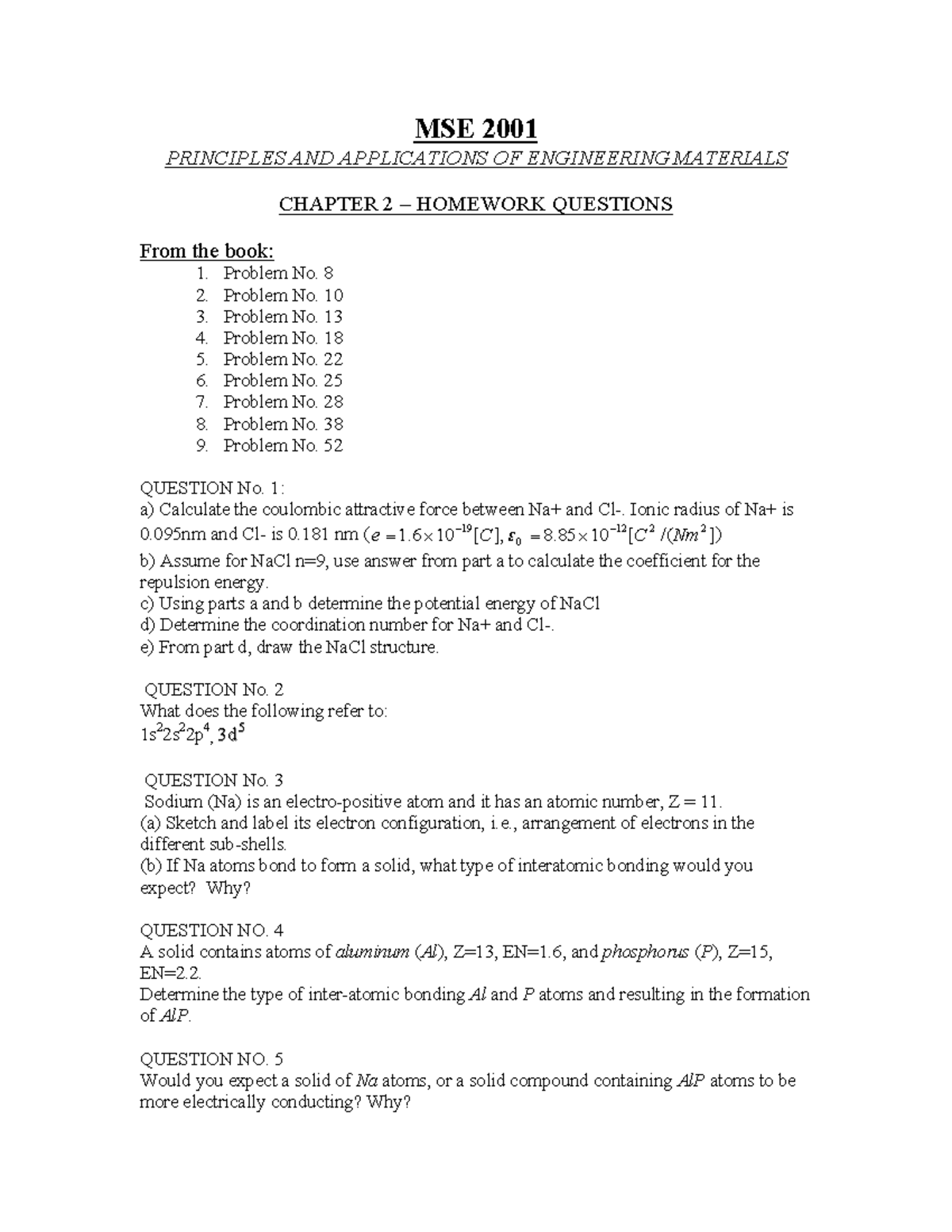 HMW2 - Homework Problems - MSE 2001 PRINCIPLES AND APPLICATIONS OF ...