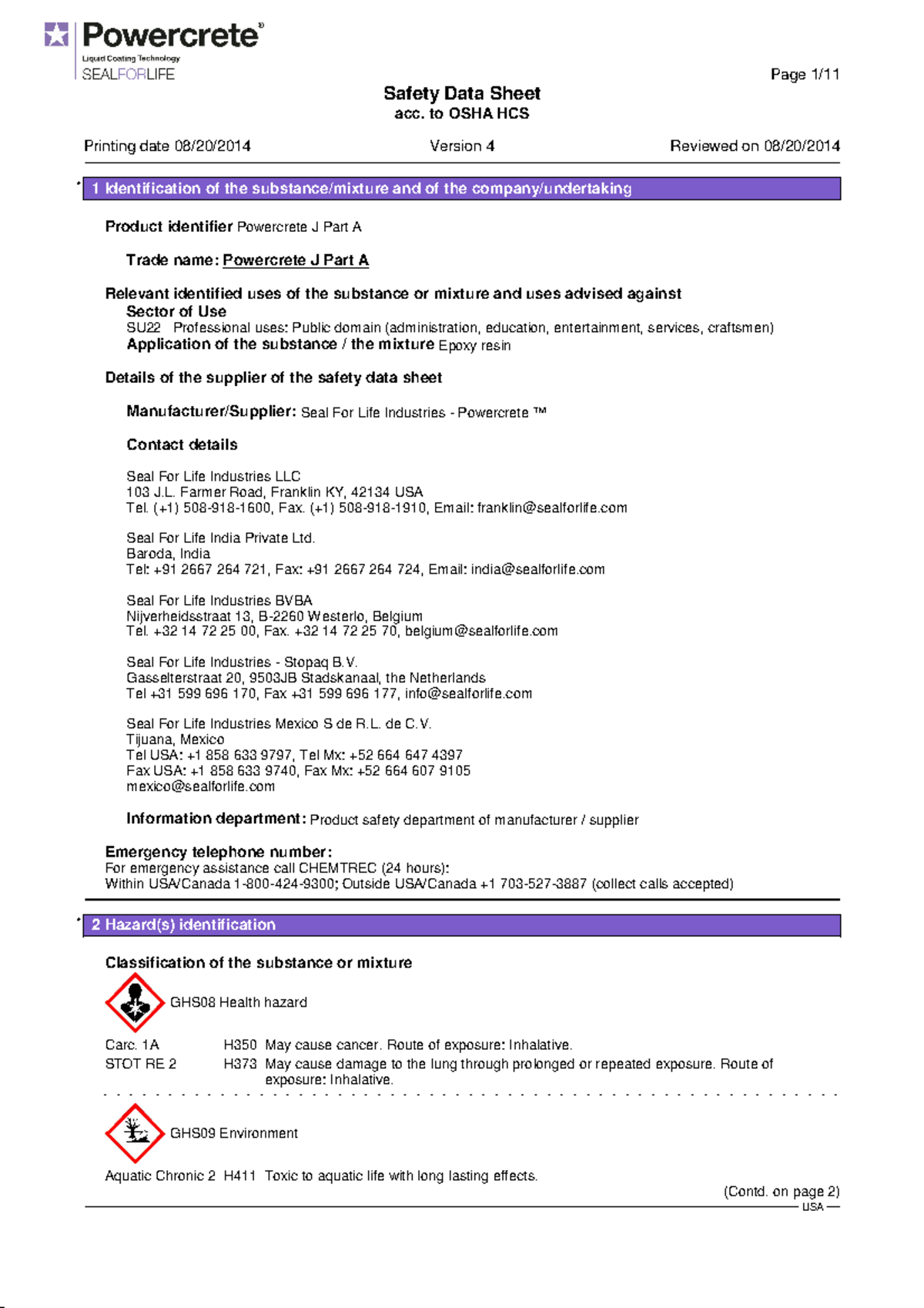 MSDS Powercrete-J (Parte A y B)82 (1) (002) - Safety Data Sheet acc. to OSHA HCS Printing date ...