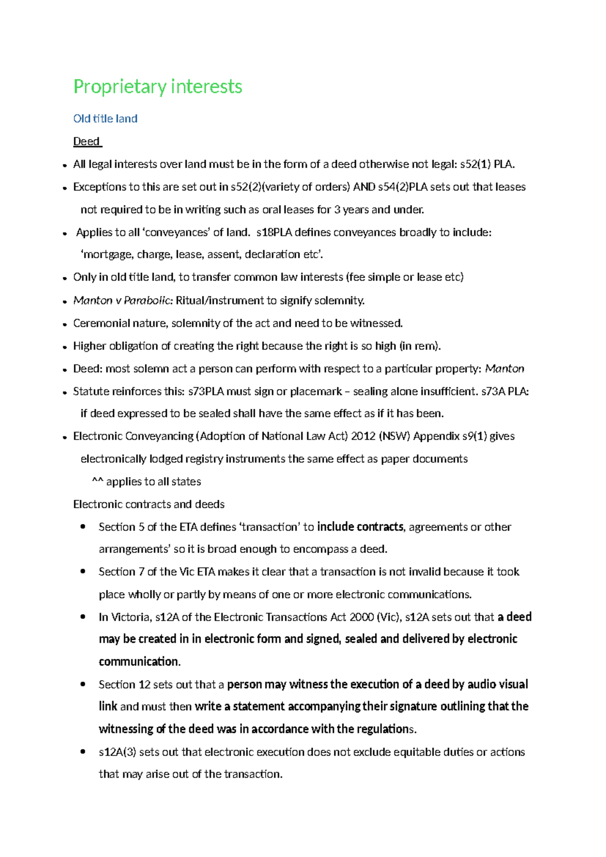 MLP325 Rules - topic 1-8 notes - Proprietary interests Old title land ...