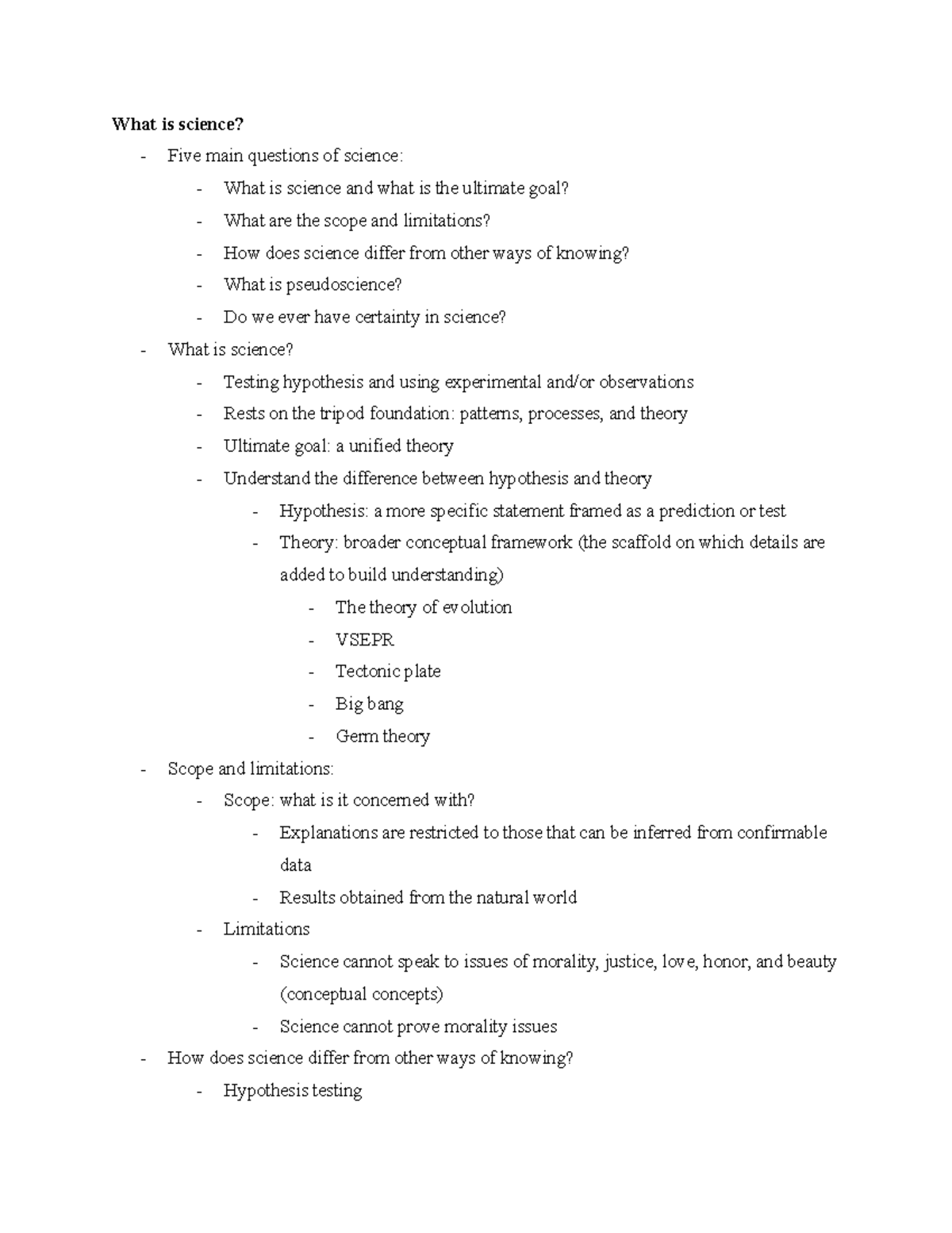 PBIO Midterm Study Guide What Is Science Five Main Questions Of