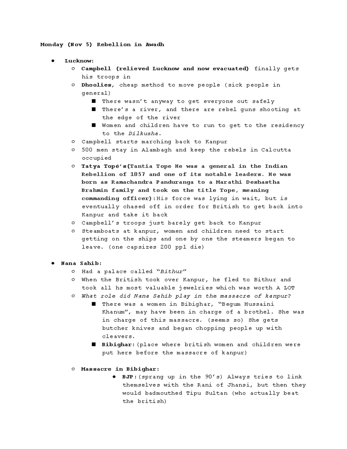 Lecture Material 2nd Exam - Monday (Nov 5) Rebellion in Awadh Lucknow ...