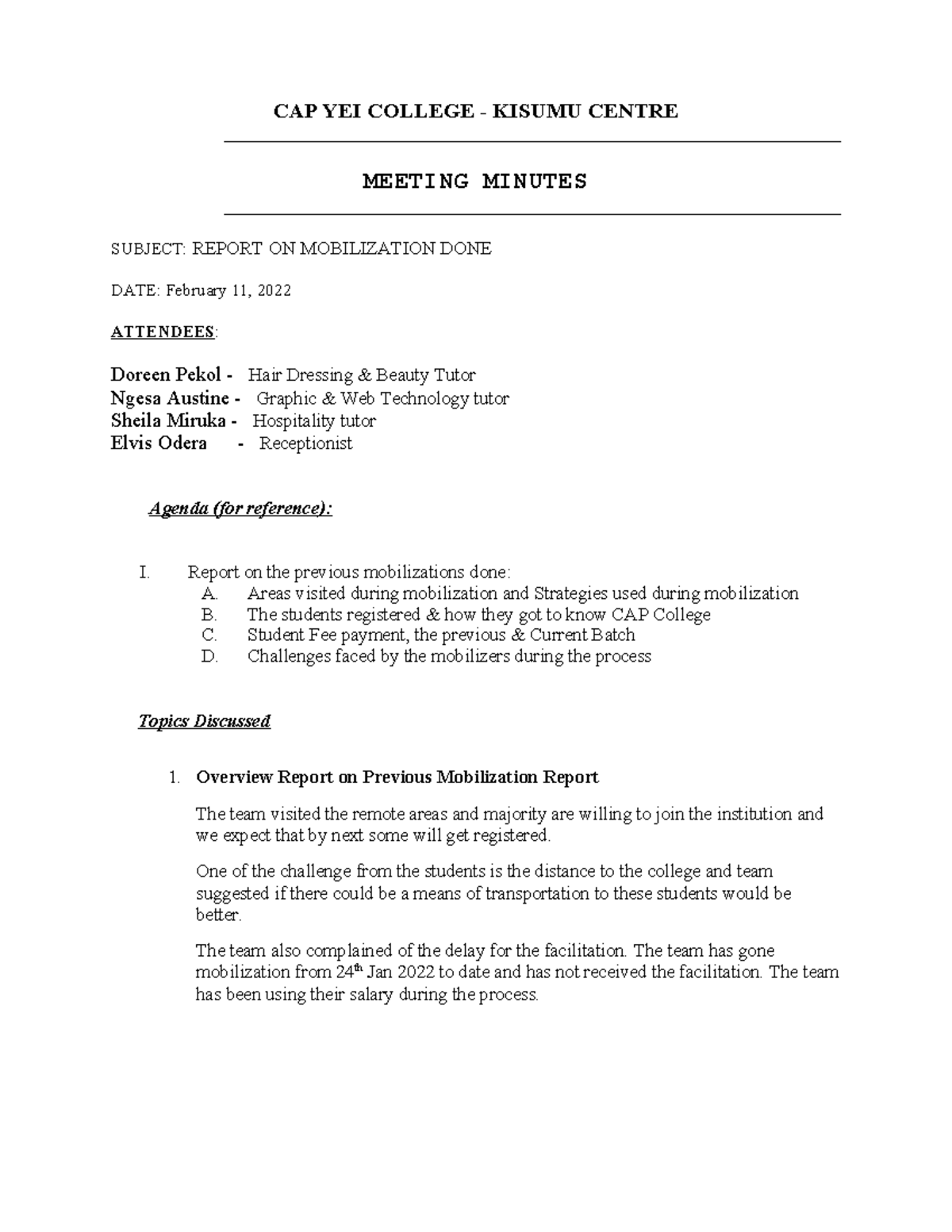 Meeting Minutes - a well detailed and summarised - CAP YEI COLLEGE ...