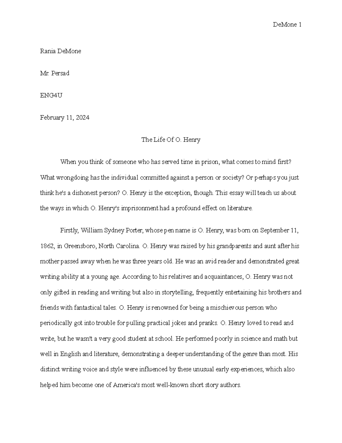 MLA Author Assignment - Rania DeMone Mr. Persad ENG4U February 11, 2024 ...