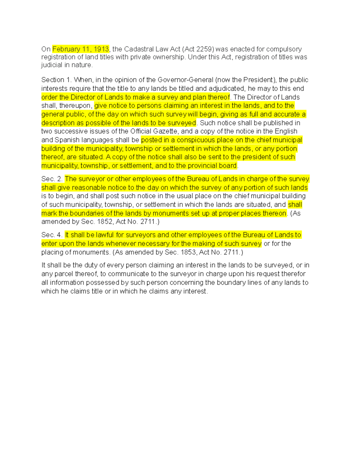 Cadastral act 2259 - On February 11, 1913, the Cadastral Law Act (Act ...