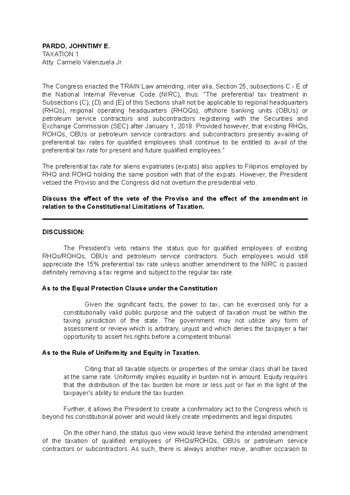 Taxation 1 Lecture Notes Pardo Johntimy E Taxation 1 Atty Carmelo Valenzuela Jr The