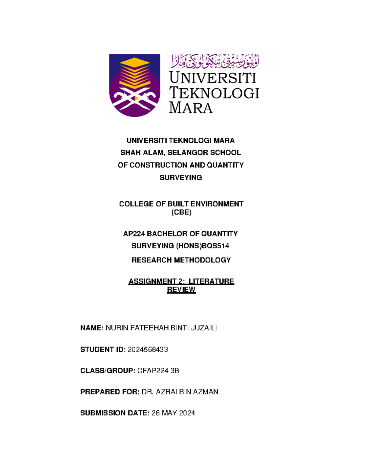 Assignment 2 : Literature Review Research Methodology - UNIVERSITI ...