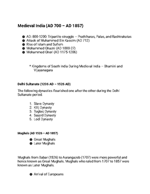 Medieval India - Lecture notes 2-7 - Medieval India (AD 700 – AD 1857 ...