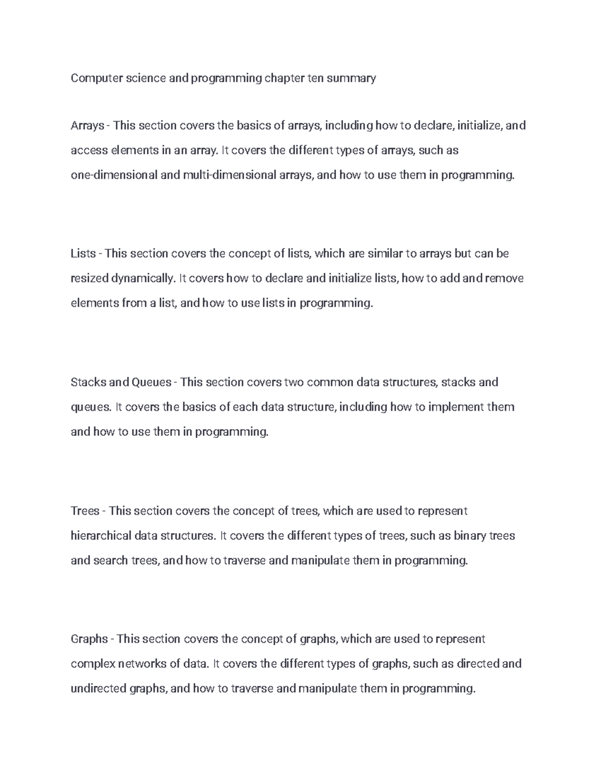 Computer science and programming chapter ten summary - It covers the different types of arrays ...