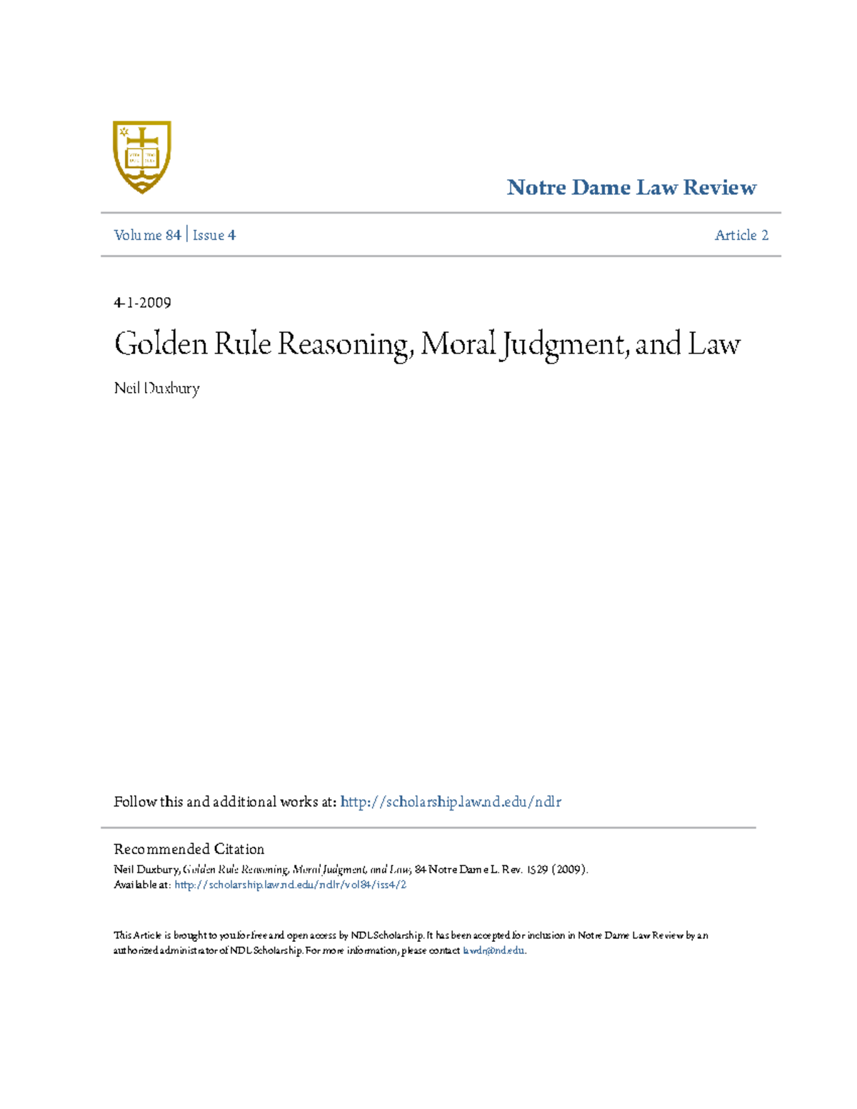 Golden Rule Reasoning Moral Judgment and Law - Notre Dame Law Review ...