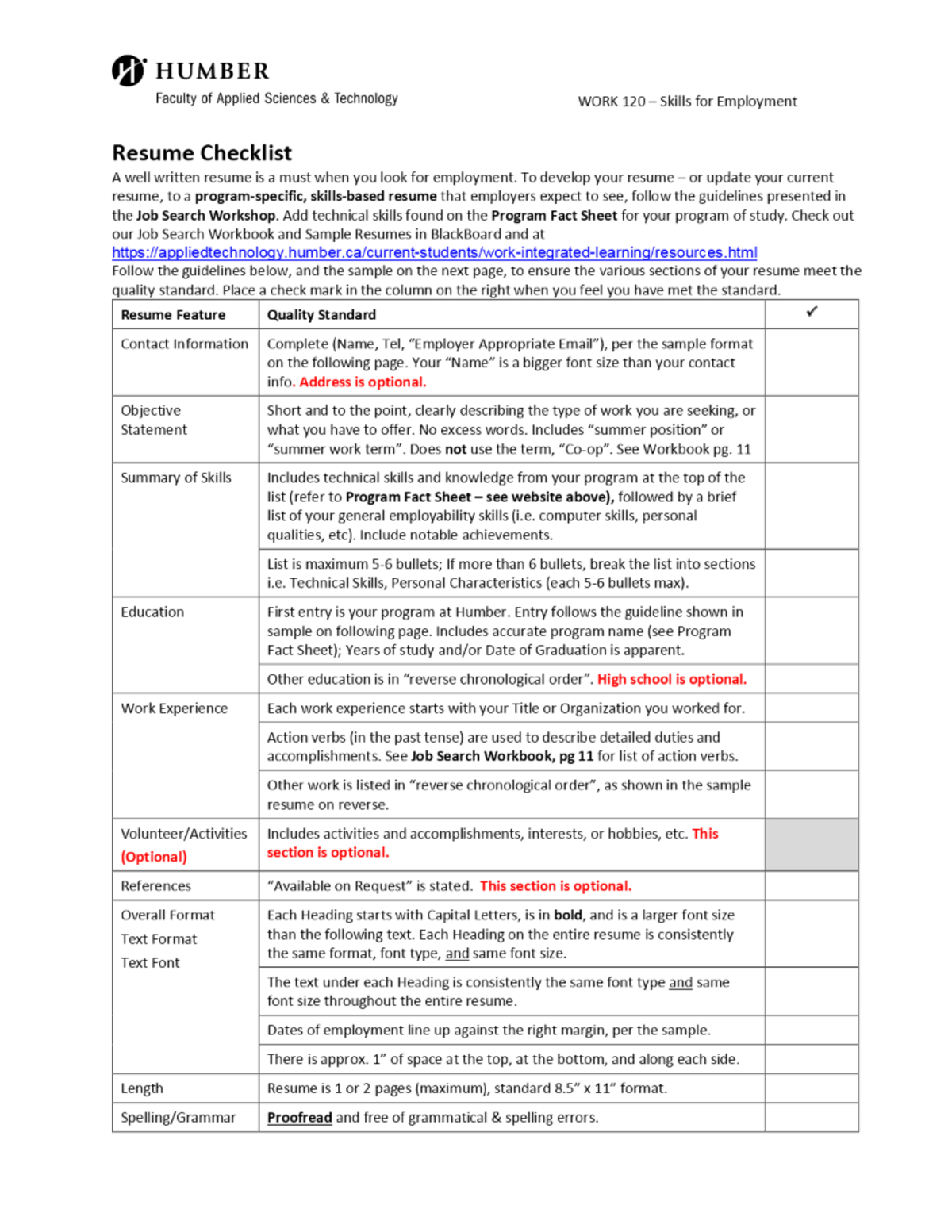 Resume Checklist - Lecture notes 1 - WORK 120 - Studocu