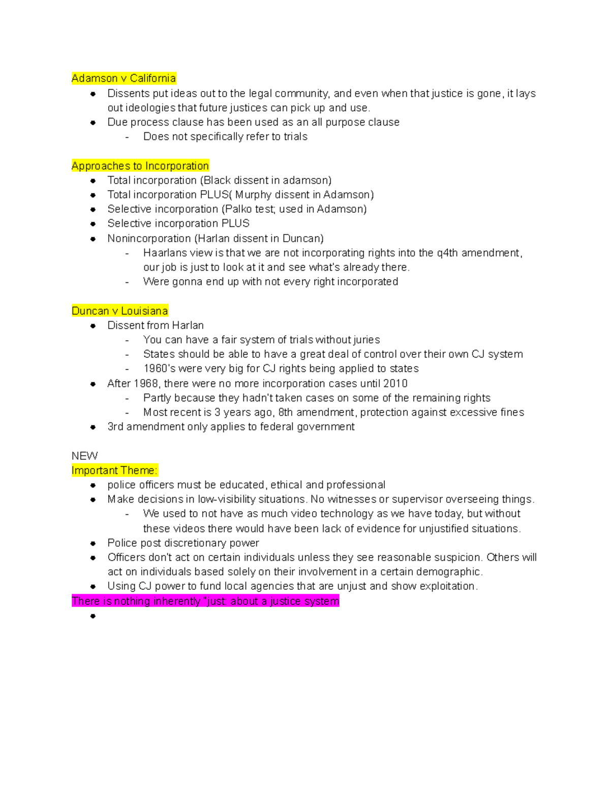 Cj Oct 18 Lecture - Adamson v California Dissents put ideas out to the ...