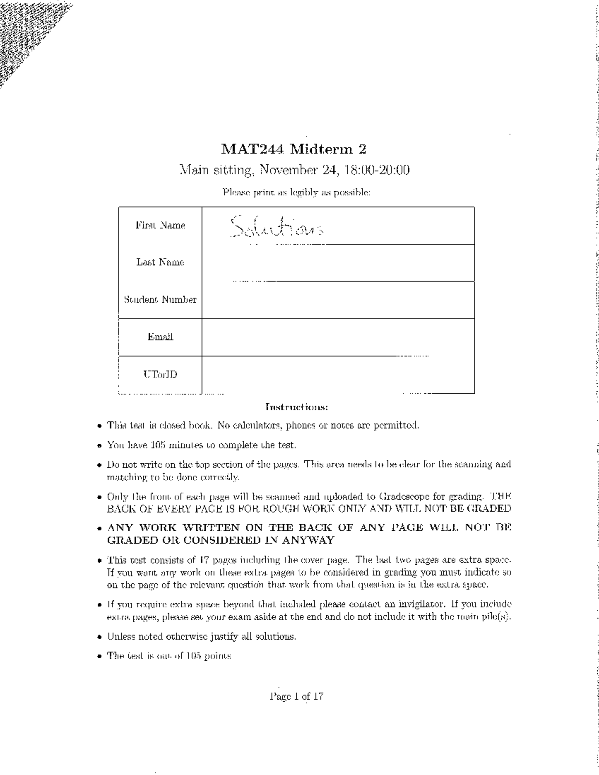 Midterm 2 main solutions - Mat244H1 - Studocu