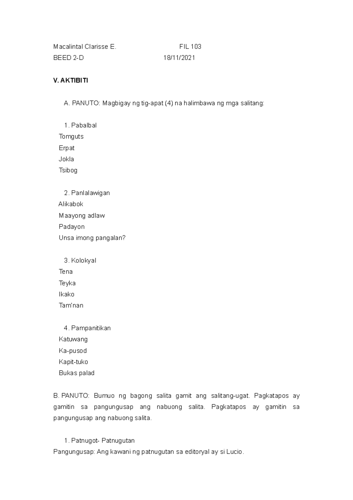 FIL 103-Modyul 3 - i love you - Macalintal Clarisse E. FIL 103 BEED 2-D ...