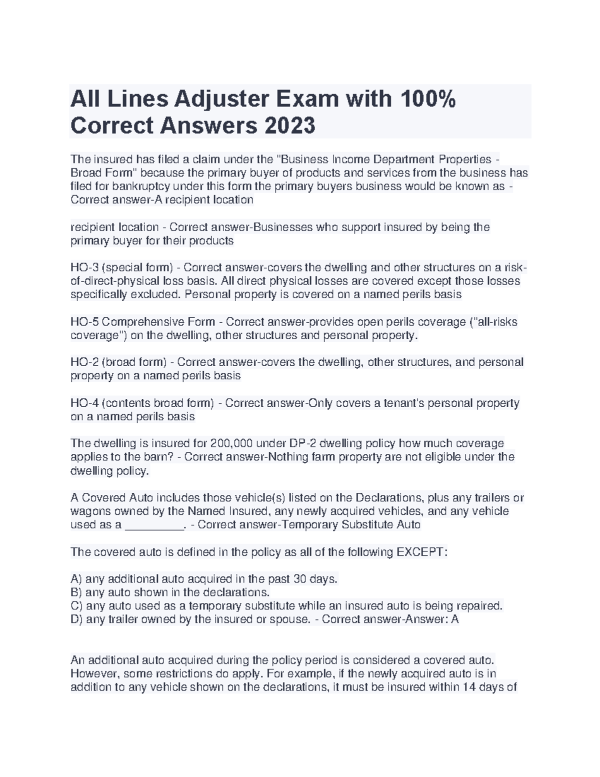 All Lines Adjuster Exam with 100 - All direct physical losses are ...