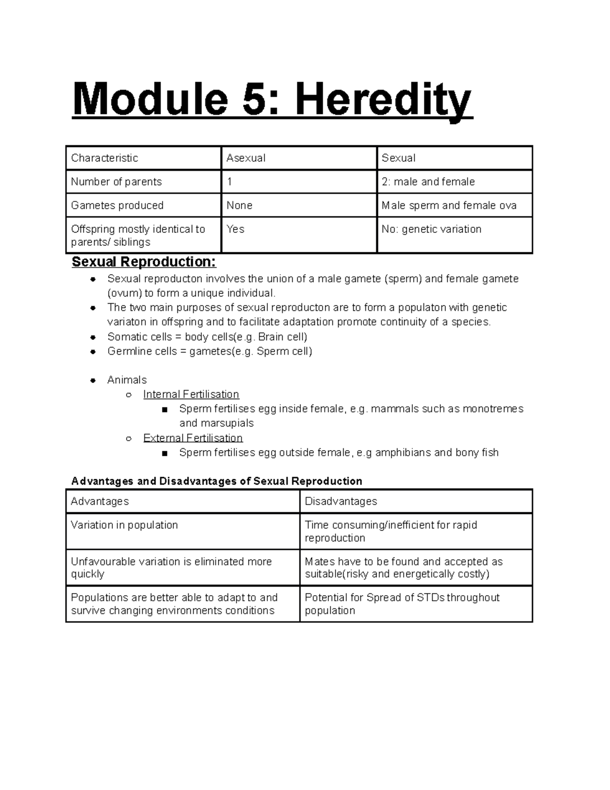 Bio Module 5 Summary Notes - Module 5: Heredity Characteristic Asexual ...