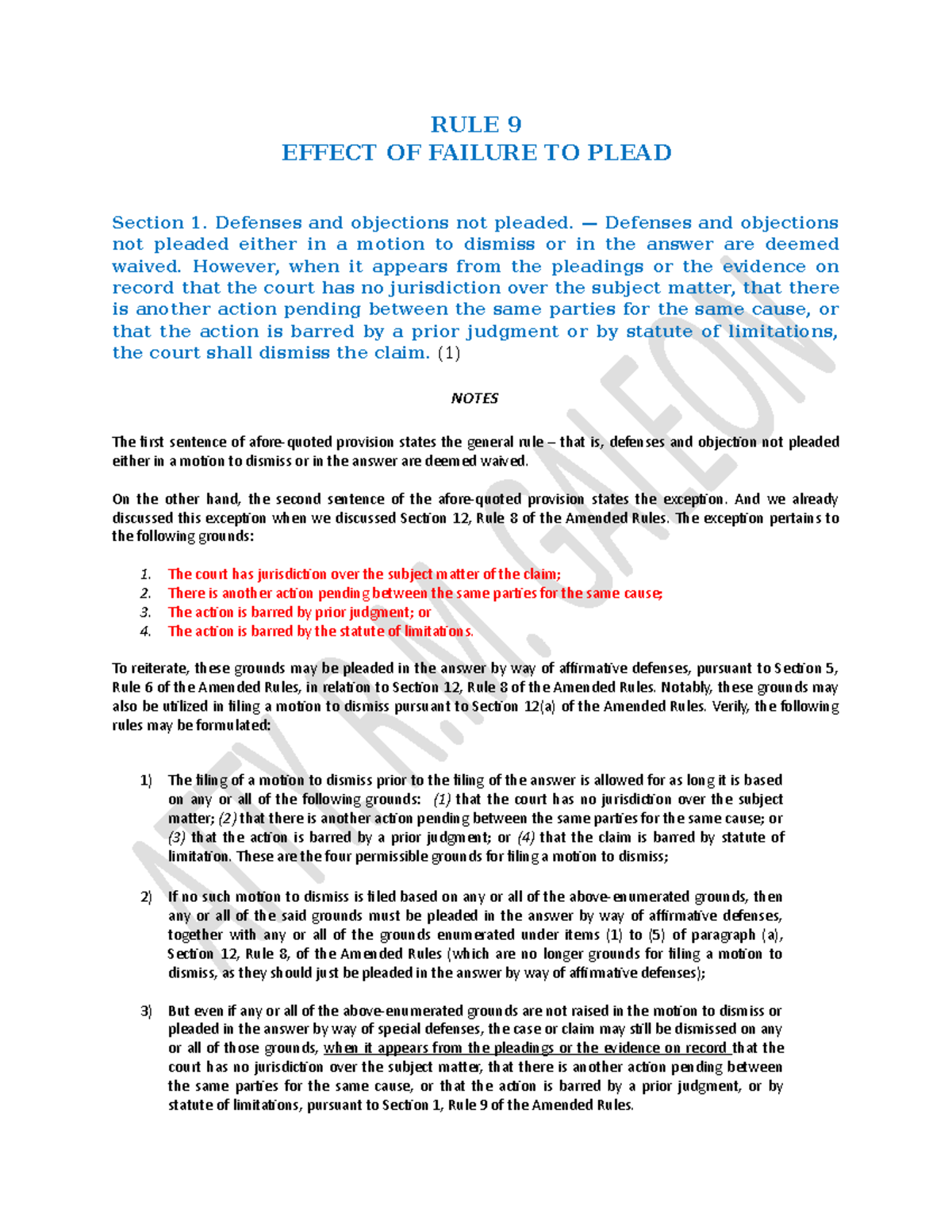 Rule 9, Notes - RULE 9 EFFECT OF FAILURE TO PLEAD Section 1. Defenses ...