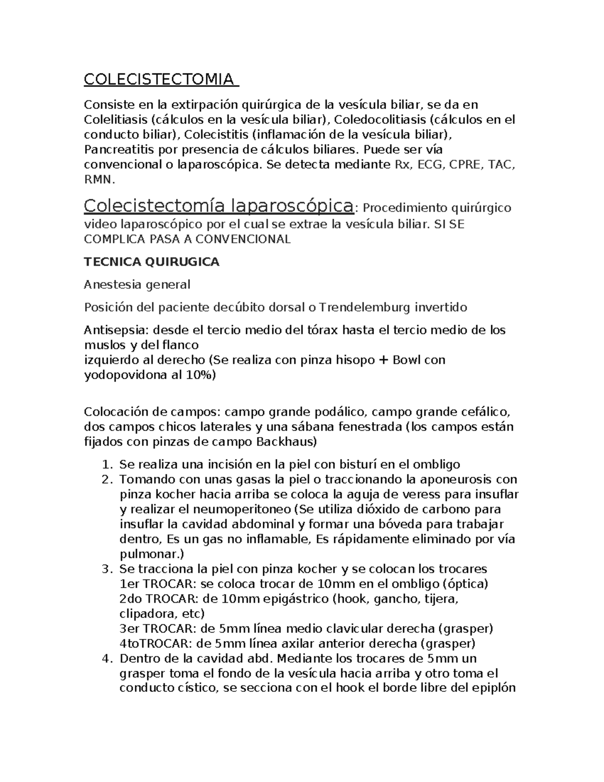 1er parcial tecnicas - ,... - COLECISTECTOMIA Consiste en la ...